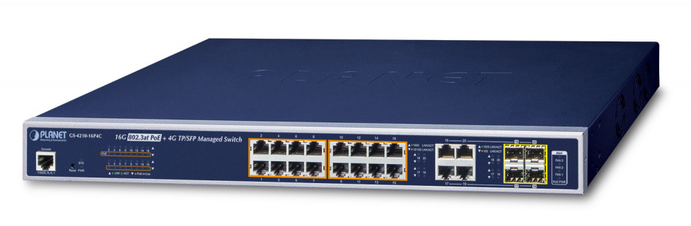 Switch Planet Gigabit Ethernet 16 Puertos PoE, 4x SFP, GS-4210-16P4C | Cyberpuerta.mx