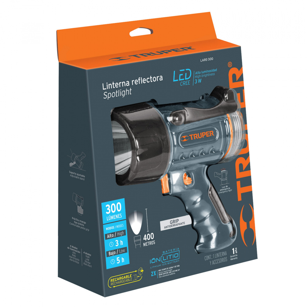 Compra Truper Linterna Reflectora LED Recargable LARE-300, Gris/Negro ...