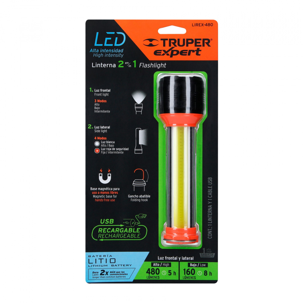 Truper Linterna LED de Mano Recargable LIREX-480, 480 Lúmenes, Negro ...